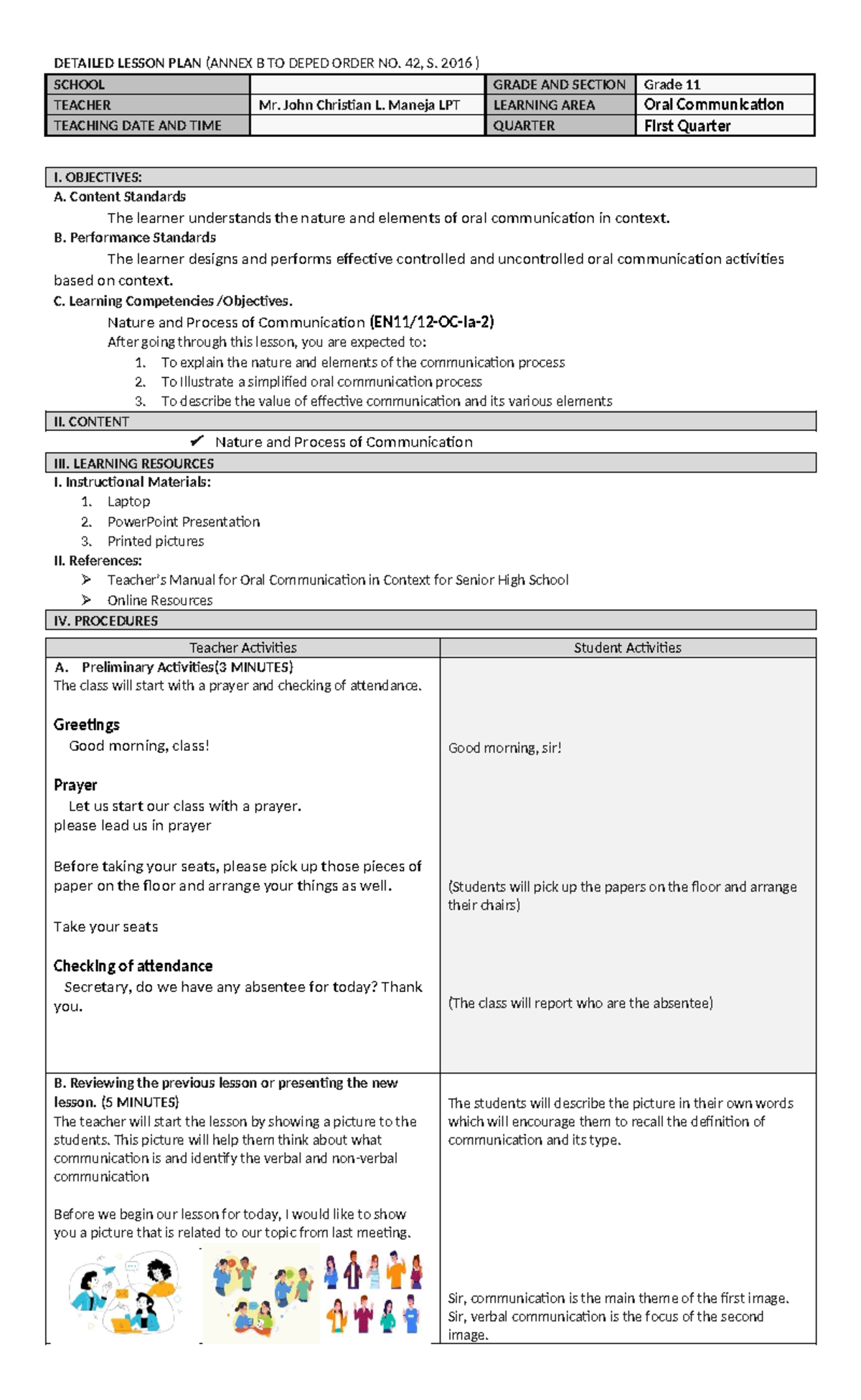 DLP Grade 11 Oral Communication Lesson Plan - First Quarter - Studocu