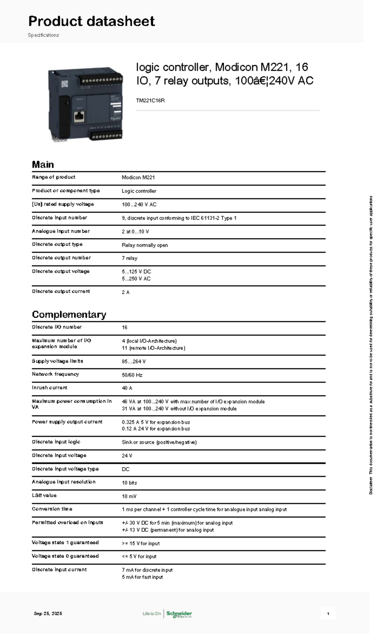 Product Datasheet: Logic Controller Modicon M221 TM221C16R Specifications - Studocu