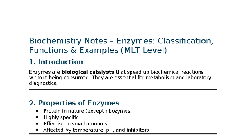 Enzymes: Classification, Functions & Clinical Importance (MLT) - Studocu