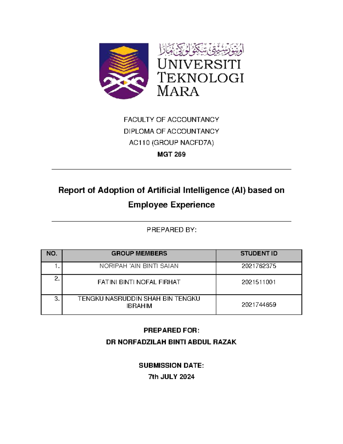 MGT 269 Group Assignment: AI Adoption Based on Employee Experience ...