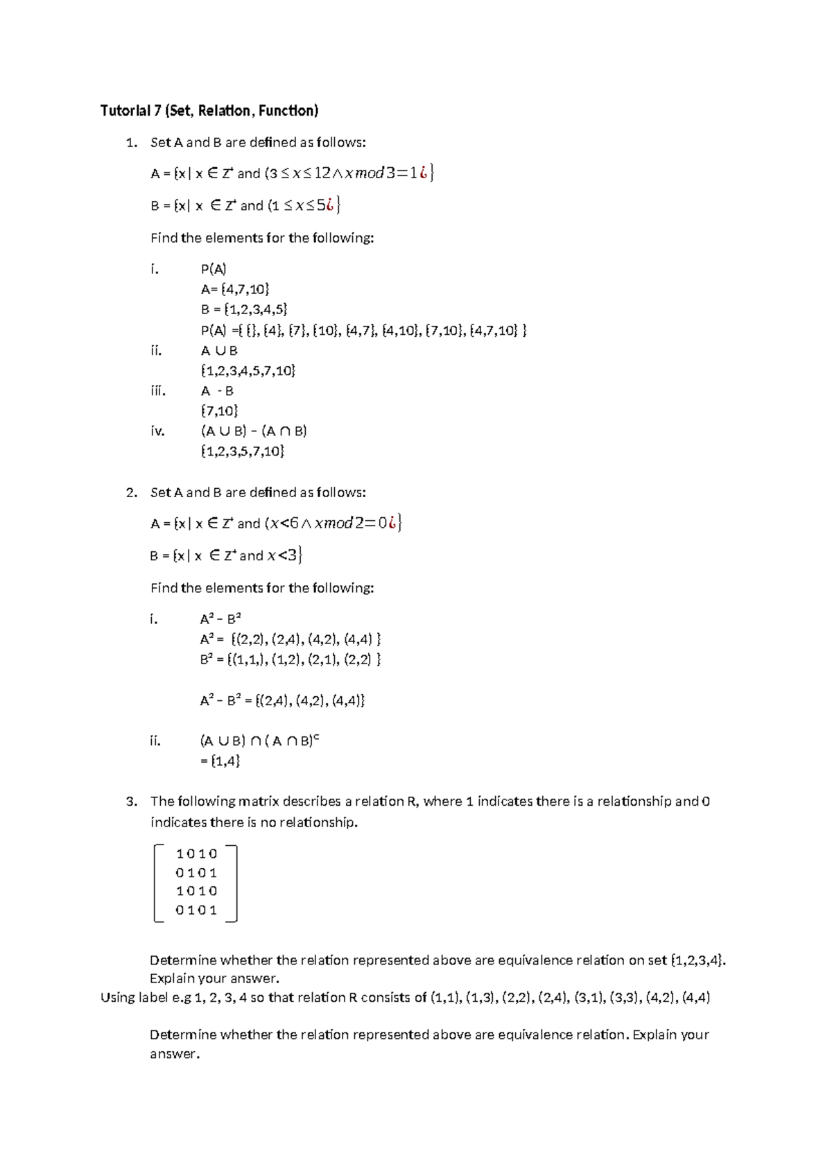 Tutorial 7 Answer Tutorial 7 Set Relation Function 1 Set A And B Are Defined As Follows 2208