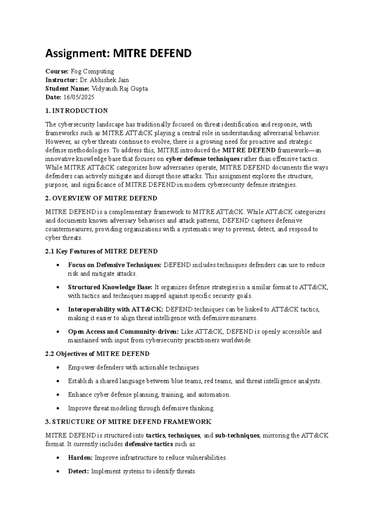 MITRE DEFEND Overview: Cyber Defense Strategies in Fog Computing - Studocu