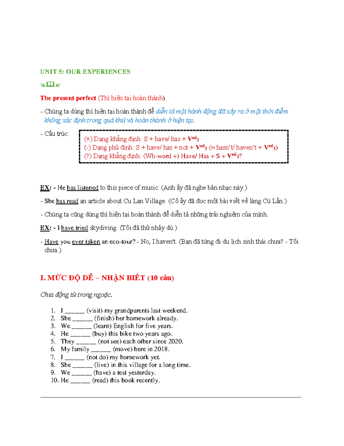 Grammar 9: Unit 5 - Present Perfect Tense Exercises - Studocu