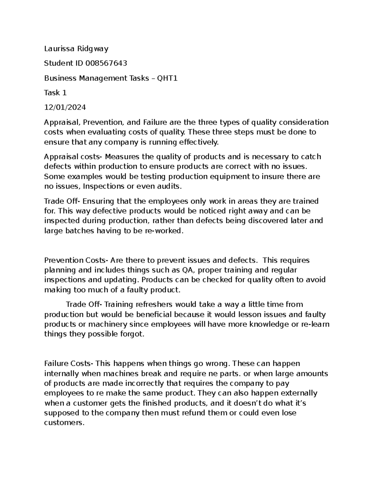 QHT1 TASK 1 - task 1 passed - Laurissa Ridgway Student ID 008567643 ...