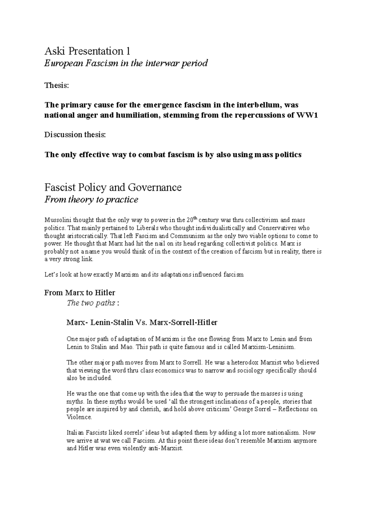 Aski Presentation 1 - The Rise of Fascism in the Interwar Era - Studeersnel