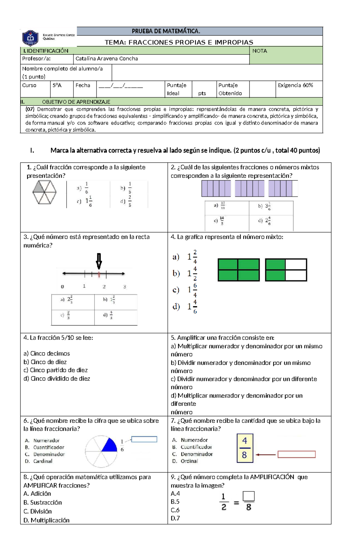 5° Prueba de Matemáticas: Fracciones Propias e Impropias - Studocu