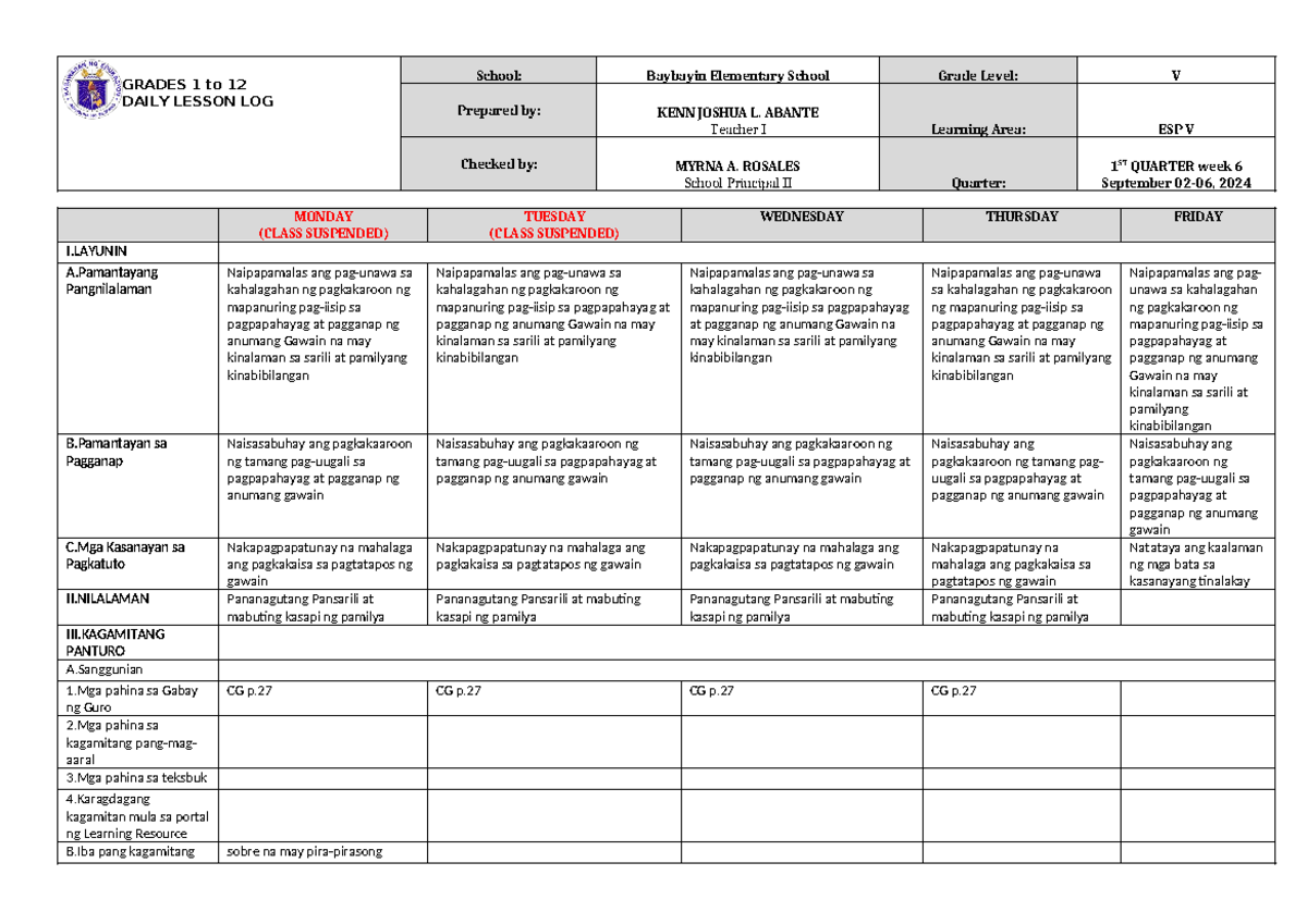 DLL ESP 5 Q1 W6 - im a public teacher - GRADES 1 to 12 DAILY LESSON LOG ...