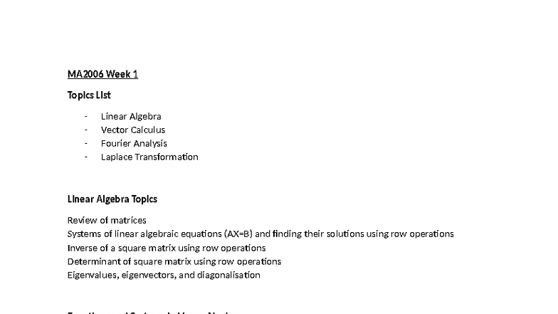 MA2006 Week 1 Lecture Notes: Linear Algebra & Systems - Studocu