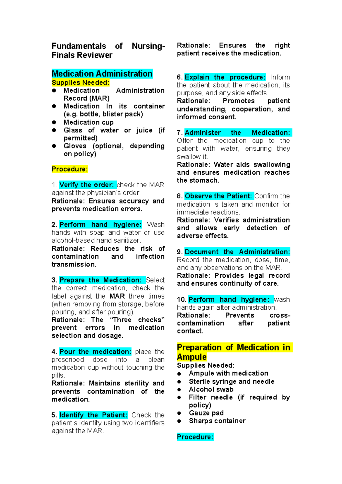 Funda LEC AND LAB Final Exam Reviewer on Medication Administration ...