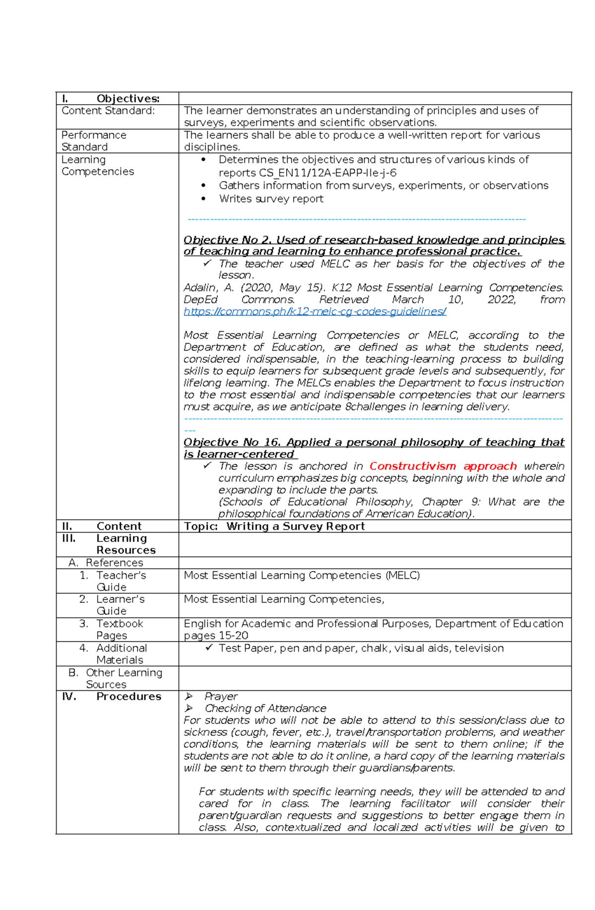 Survey Report Lesson Plan for English (CS_EN11/12A-EAPP-IIe-j) - Studocu