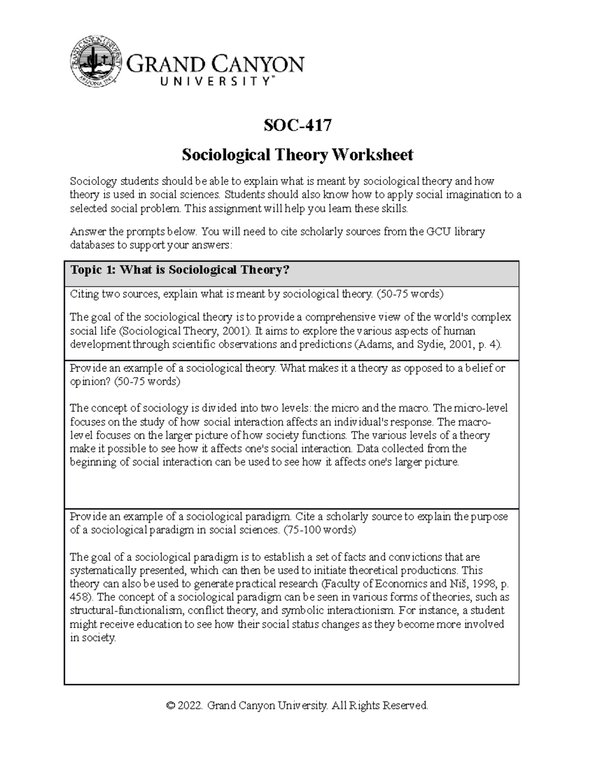 SOC.417 - Sociological Theory Worksheet: Understanding Concepts and ...