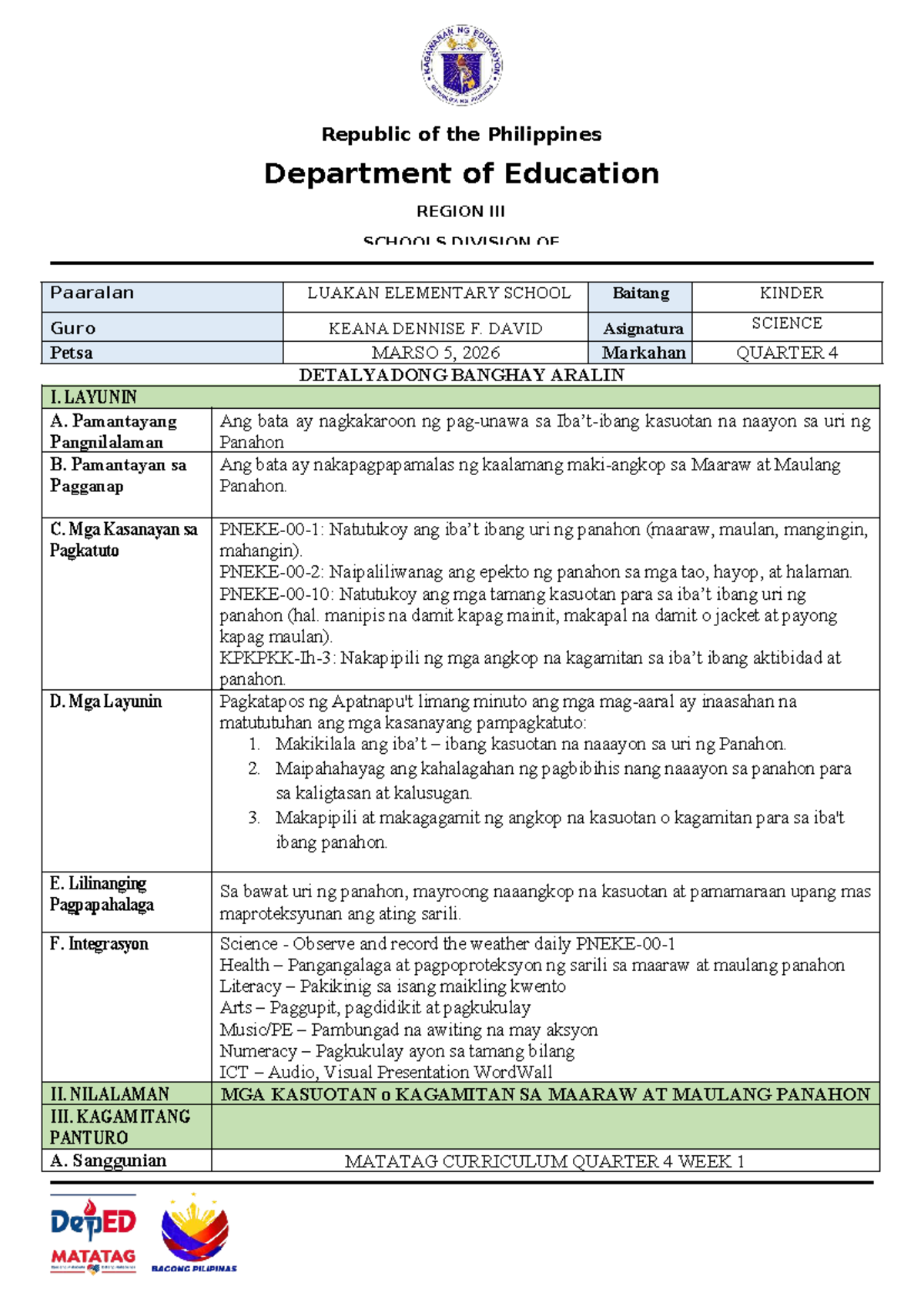 Detailed Lesson Plan for Kinder Science: Weather and Clothing (Quarter ...