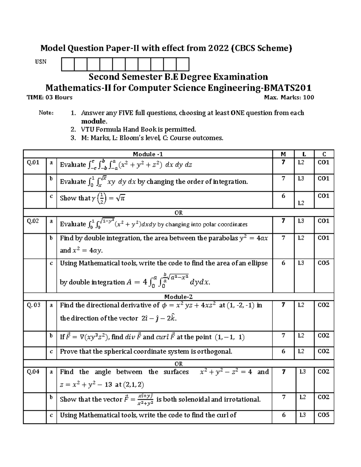 Solution to Model Question Paper-II (BMATS 201) for Mathematics-II Exam ...