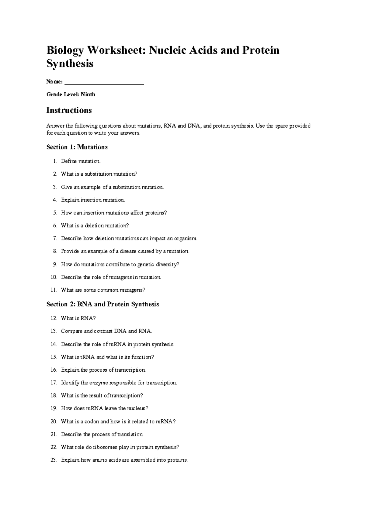 Biology Worksheet: Nucleic Acids & Protein Synthesis (9th Grade) - Studocu
