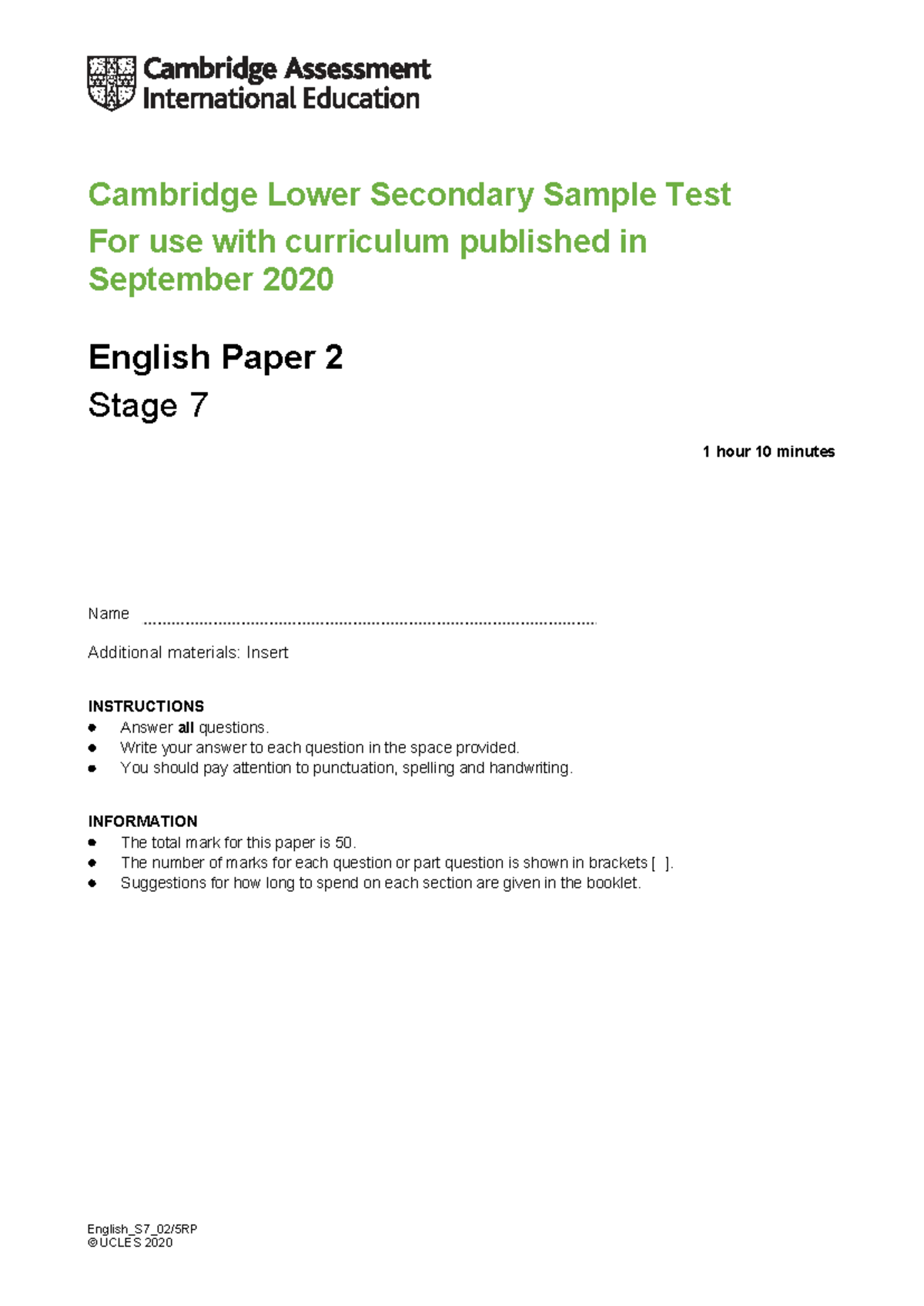 Cambridge Lower Secondary English Paper 2 Sample Test (Stage 7) - Studocu