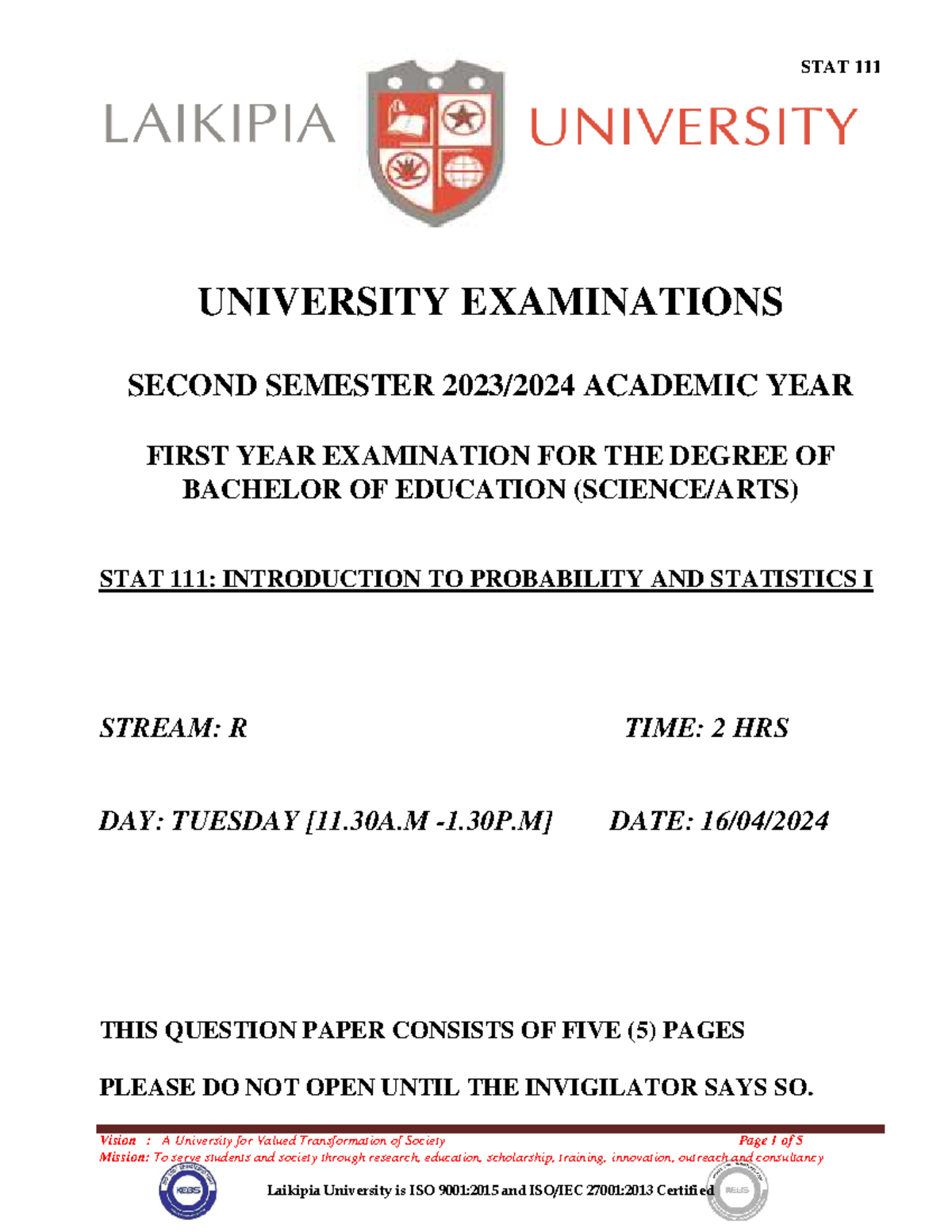 STAT 111 - Final Exam Review: Introduction to Probability & Statistics ...
