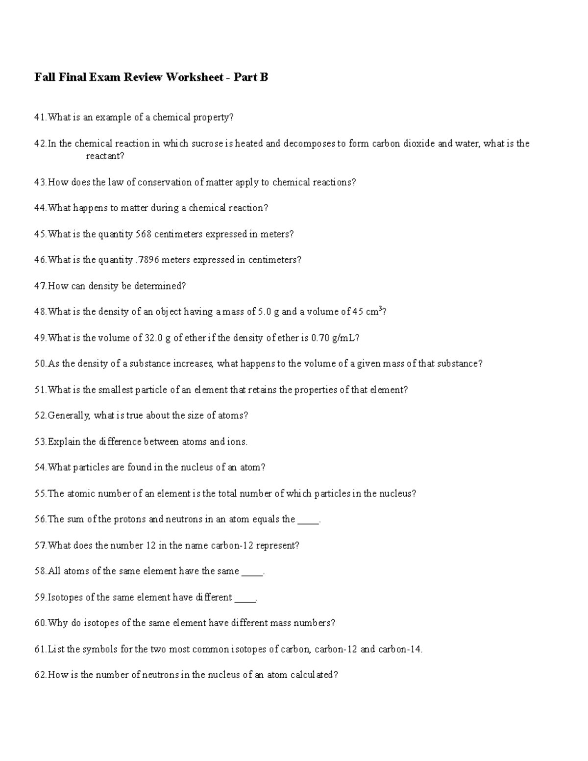 Fall Final Exam Review Worksheet - Chemistry 101 Part B - Studocu