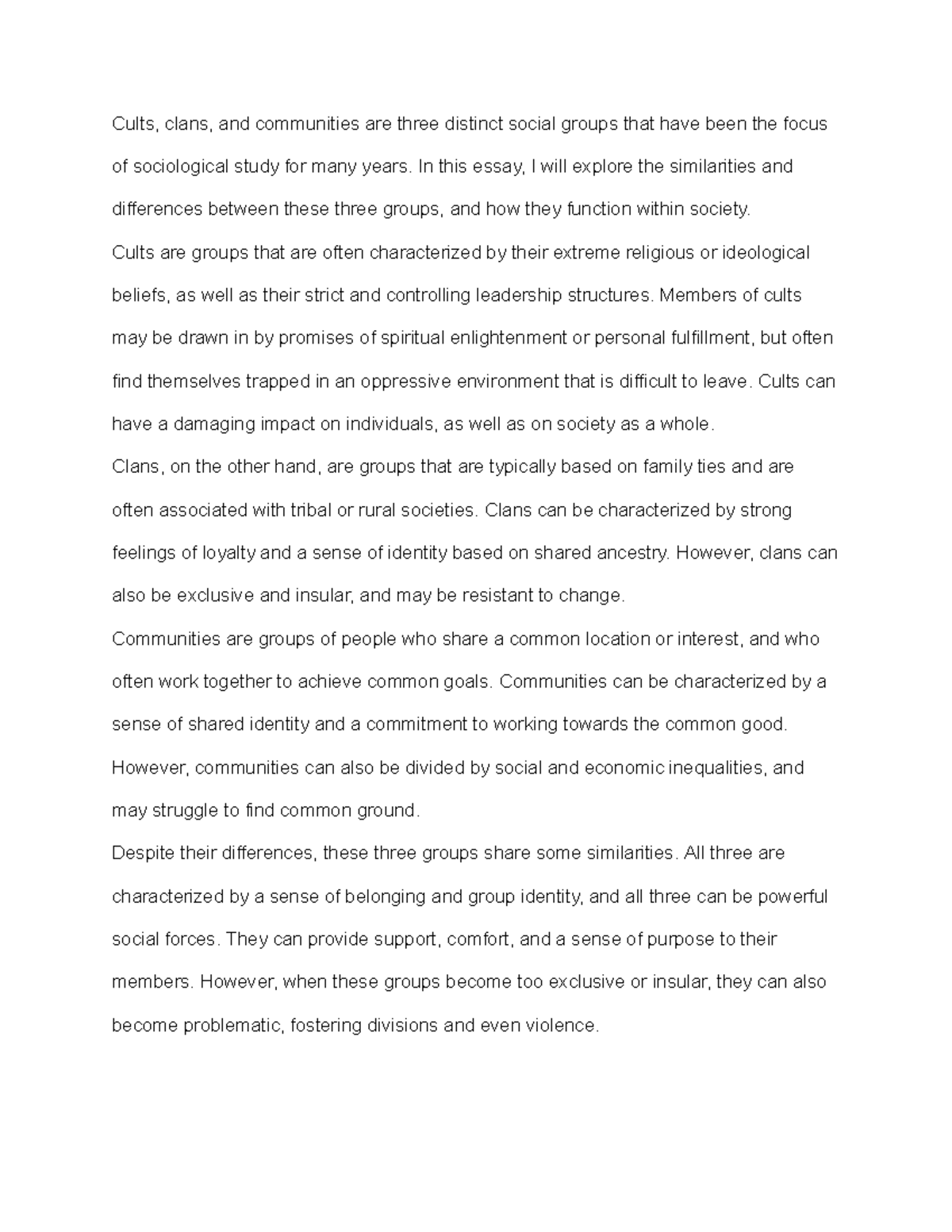 Sociological Perspectives on Cults, Clans, and Communities Essay - Studocu