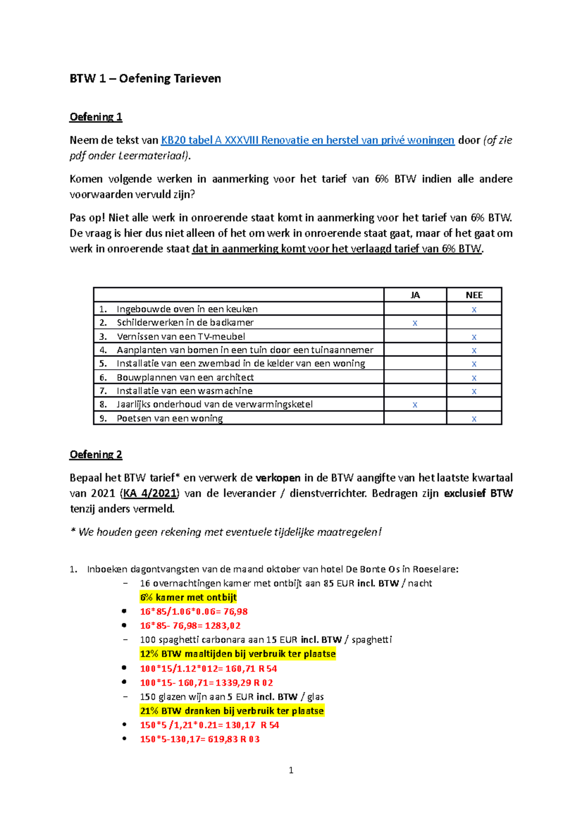 BTW 1 - Oefening Tarieven(1) - BTW 1 – Oefening Tarieven Oefening 1 ...