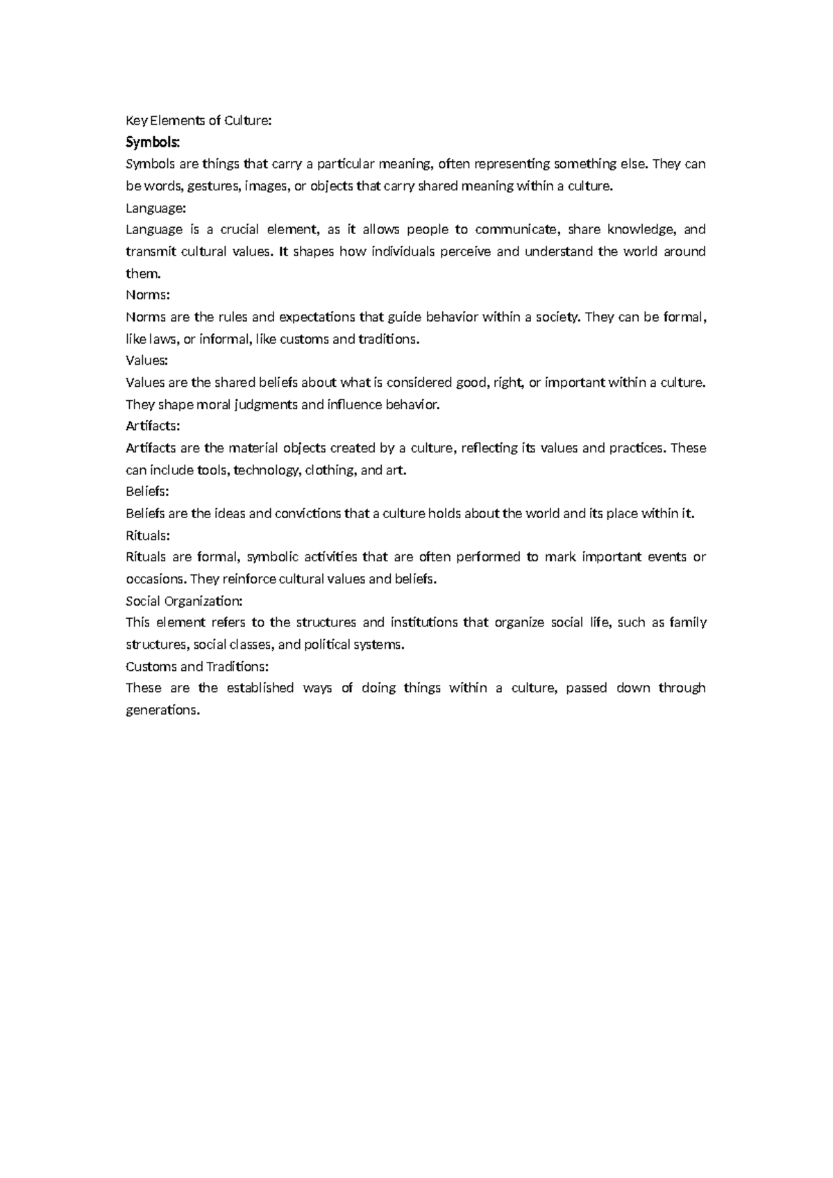 Key Elements of Culture: Symbols, Norms, Values & More - Studocu
