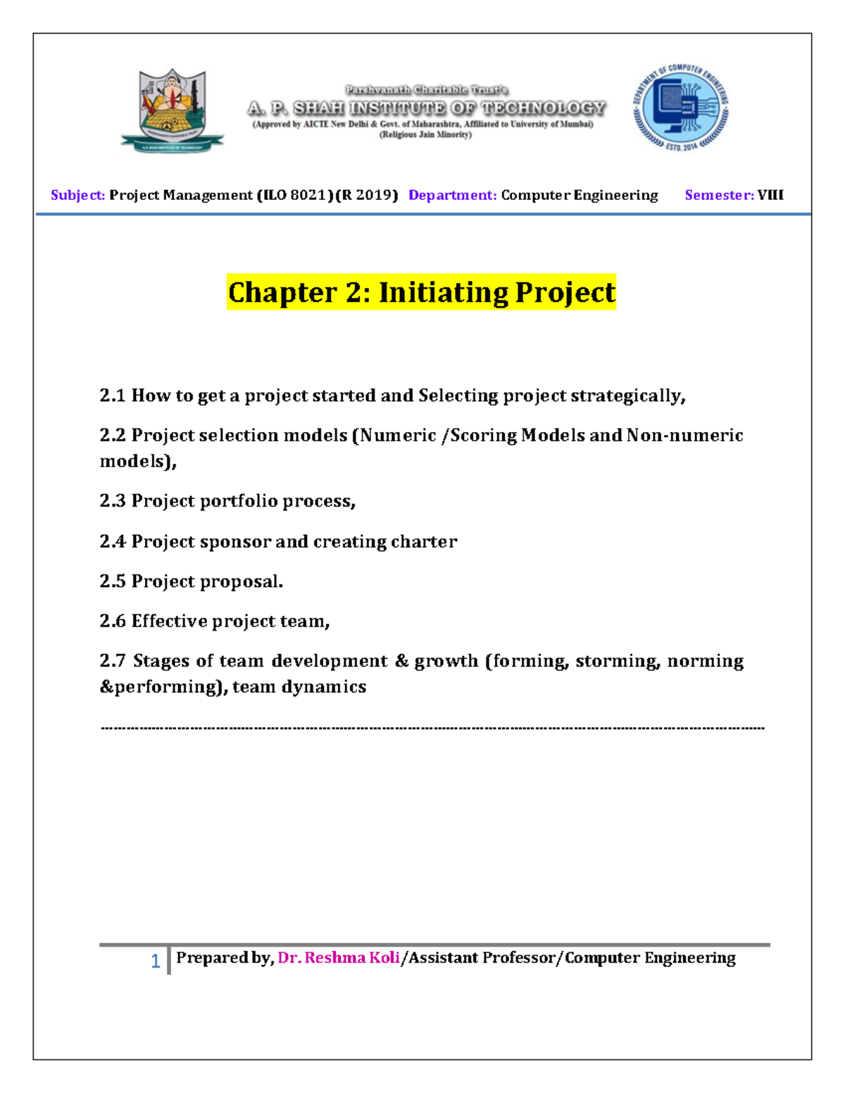Project Management (ILO 8021) Chapter 2: Project Initiation & Selection ...