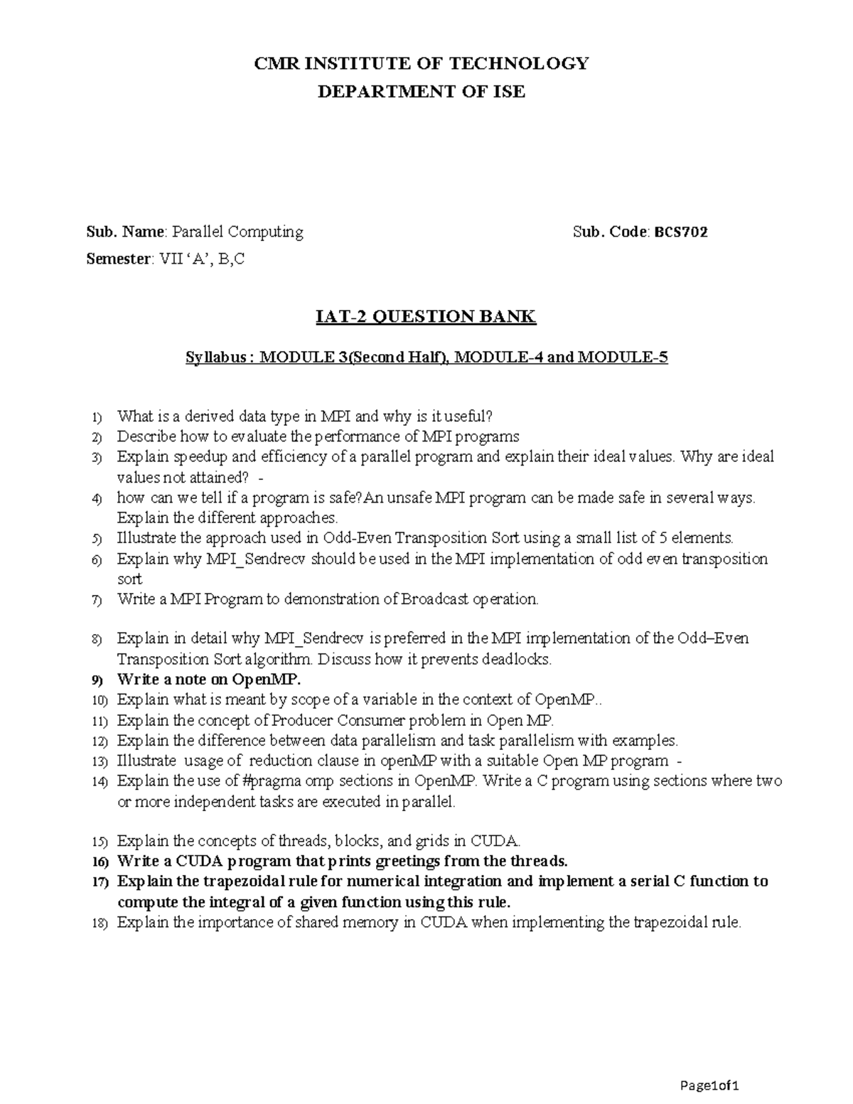 BCS702 Parallel Computing Question Bank - Final Exam - Studocu