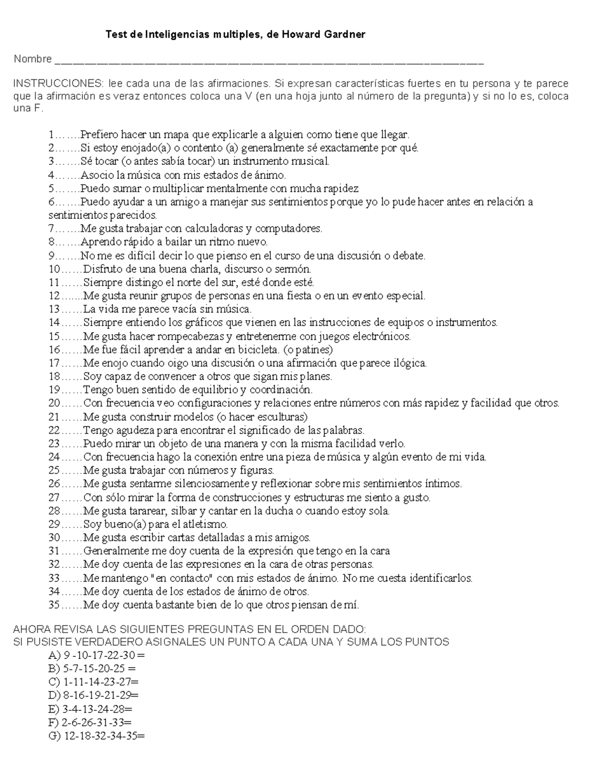 4. Test de Inteligencias Múltiples de Howard Gardner - Ejercicio - Studocu