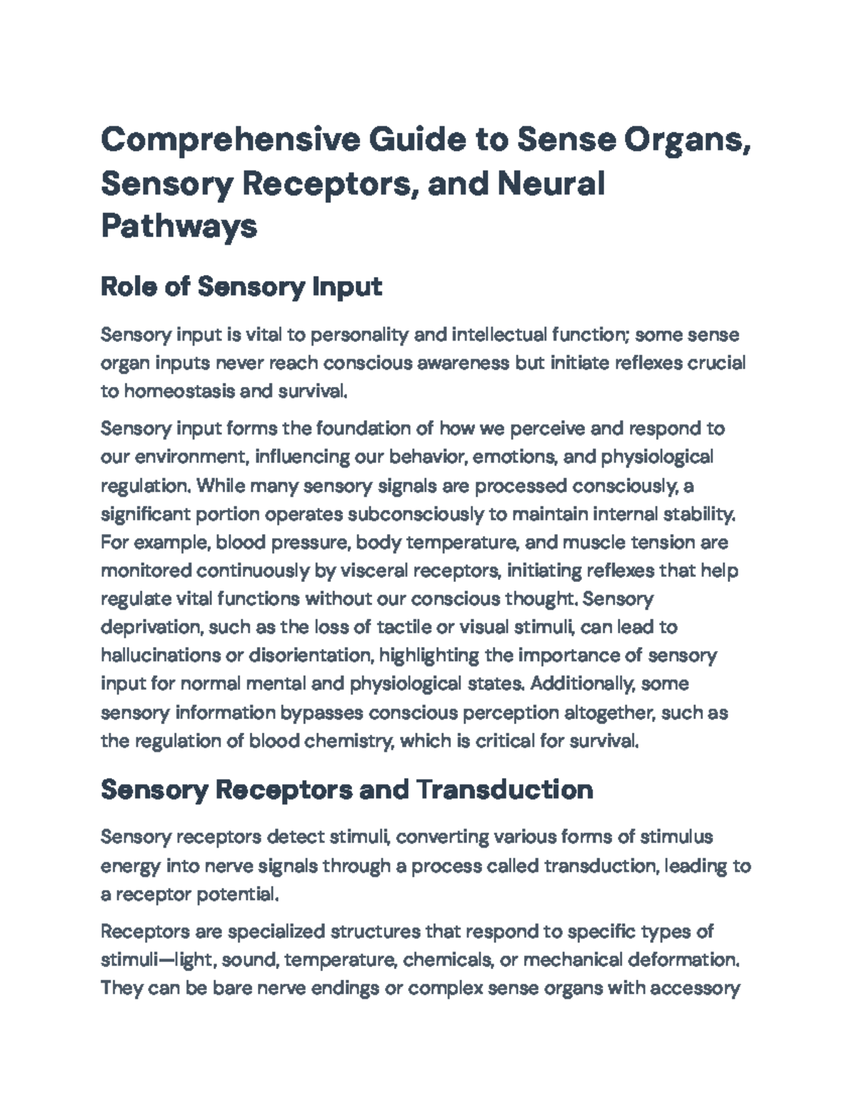 Comprehensive Overview of Sensory Organs & Neural Pathways (BIO 101) - Studocu