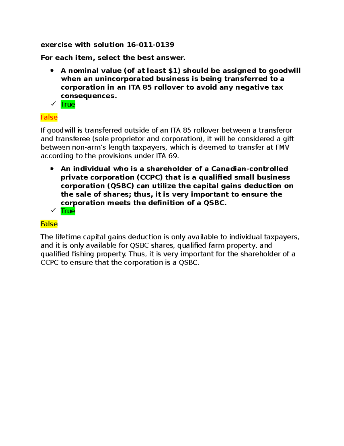 Exercise Solutions for 16-011: Understanding Tax Implications - Studocu