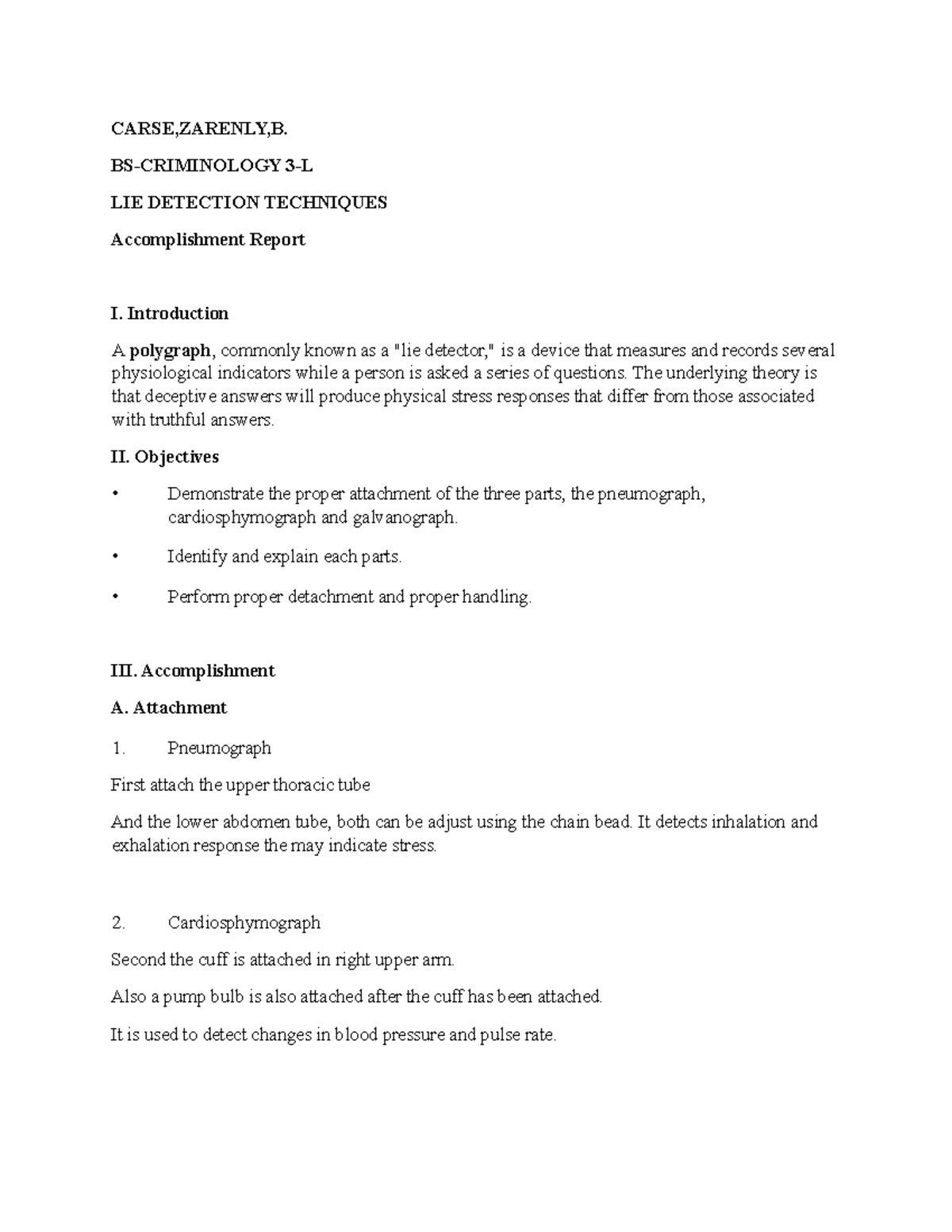 CARSE Lie Detection Techniques: Accomplishment Report - Studocu