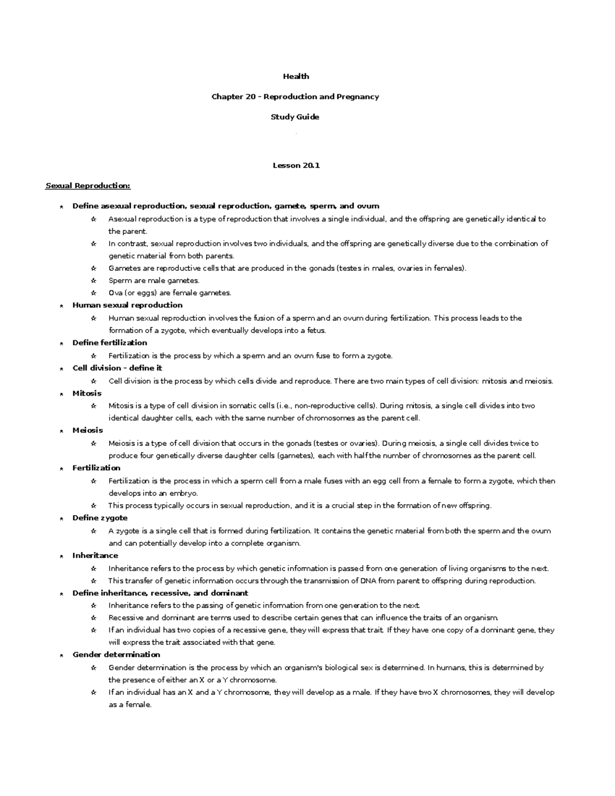 Health - Chapter 20 Study Guide: Reproduction and Pregnancy Insights ...