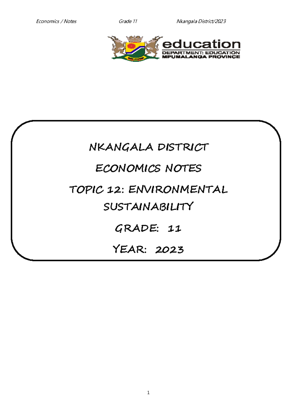 Topic 12: Environmental Sustainability Notes for Grade 11 Economics ...