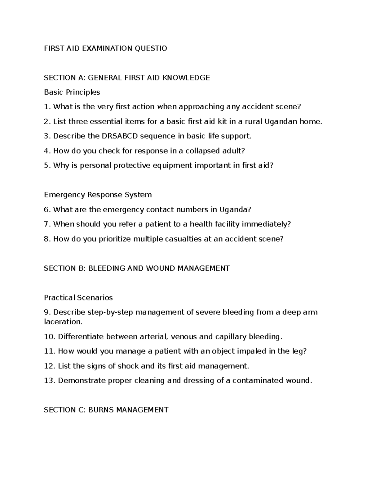 FIRST AID EXAMINATION QUESTIONS: GENERAL KNOWLEDGE & SCENARIOS - Studocu