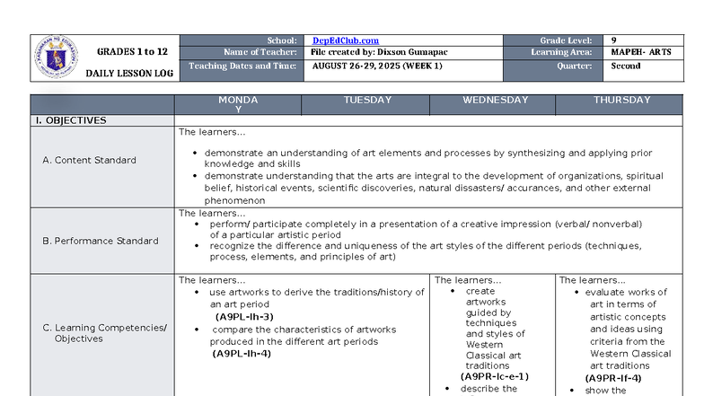 DLL Mapeh-ARTS 9 Q2 W1 - DLL Mapeh-ARTS 9 Q2 W1 - GRADES 1 to 12 DAILY ...