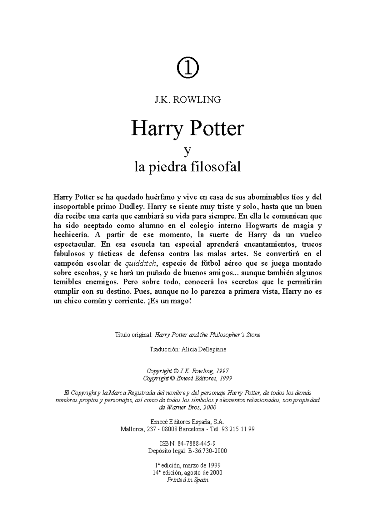 Harry Potter y la Piedra Filosofal: Resumen del Capítulo 1 - Studocu