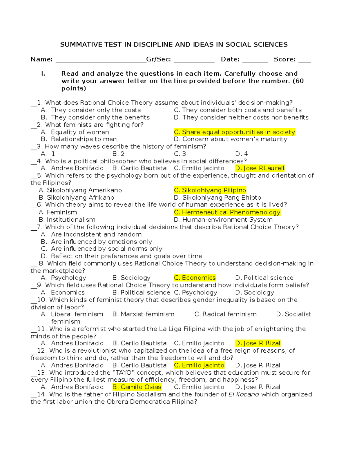 Summative Test on Disciplines & Ideas in Social Sciences (SOCSCI 101 ...