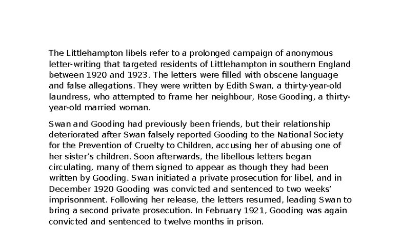 Littlehampton Libels: A Case Study of Defamation (1920-1923) - Studocu