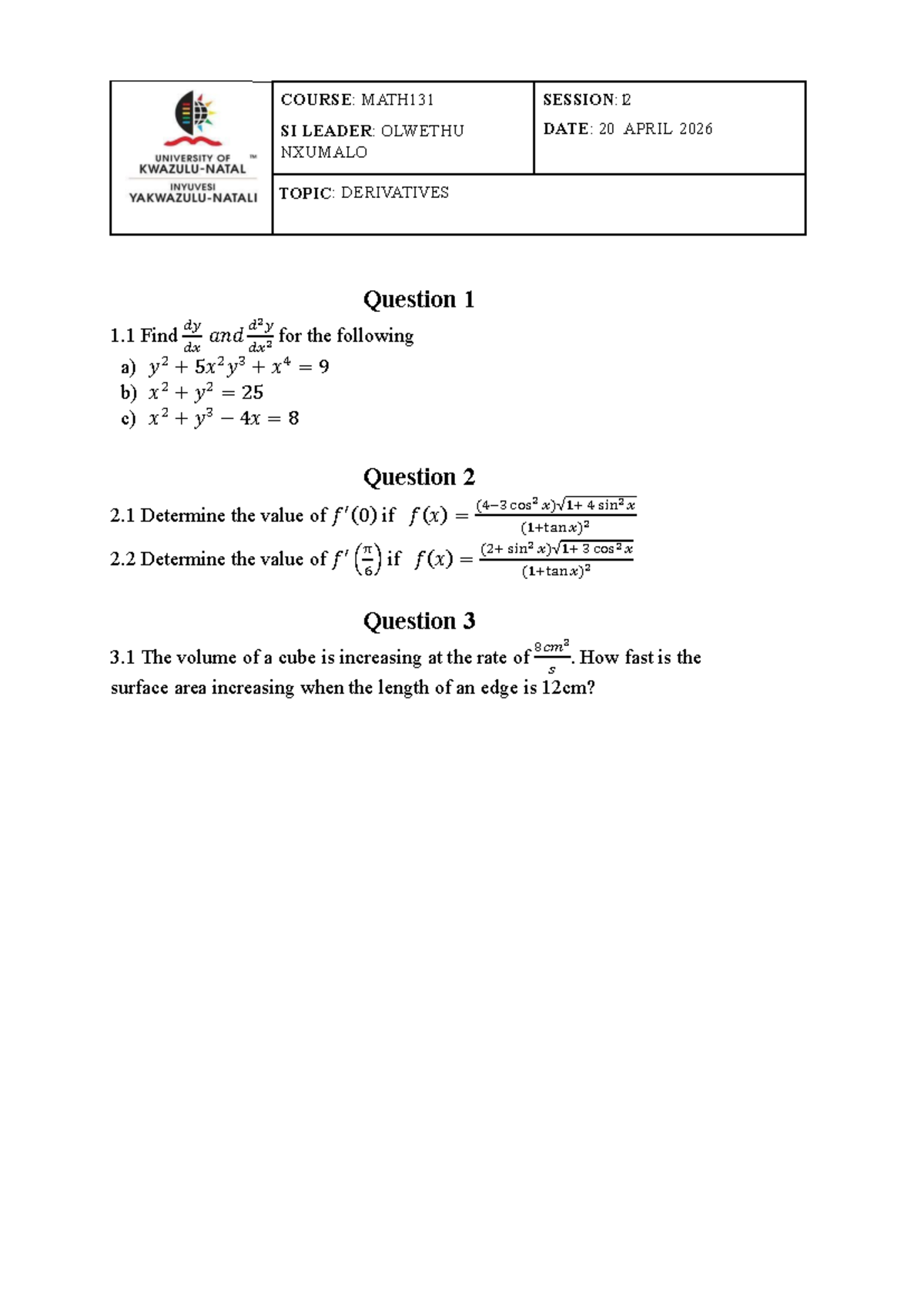 MATH131 Worksheet 12: Derivatives Practice Questions - Studocu