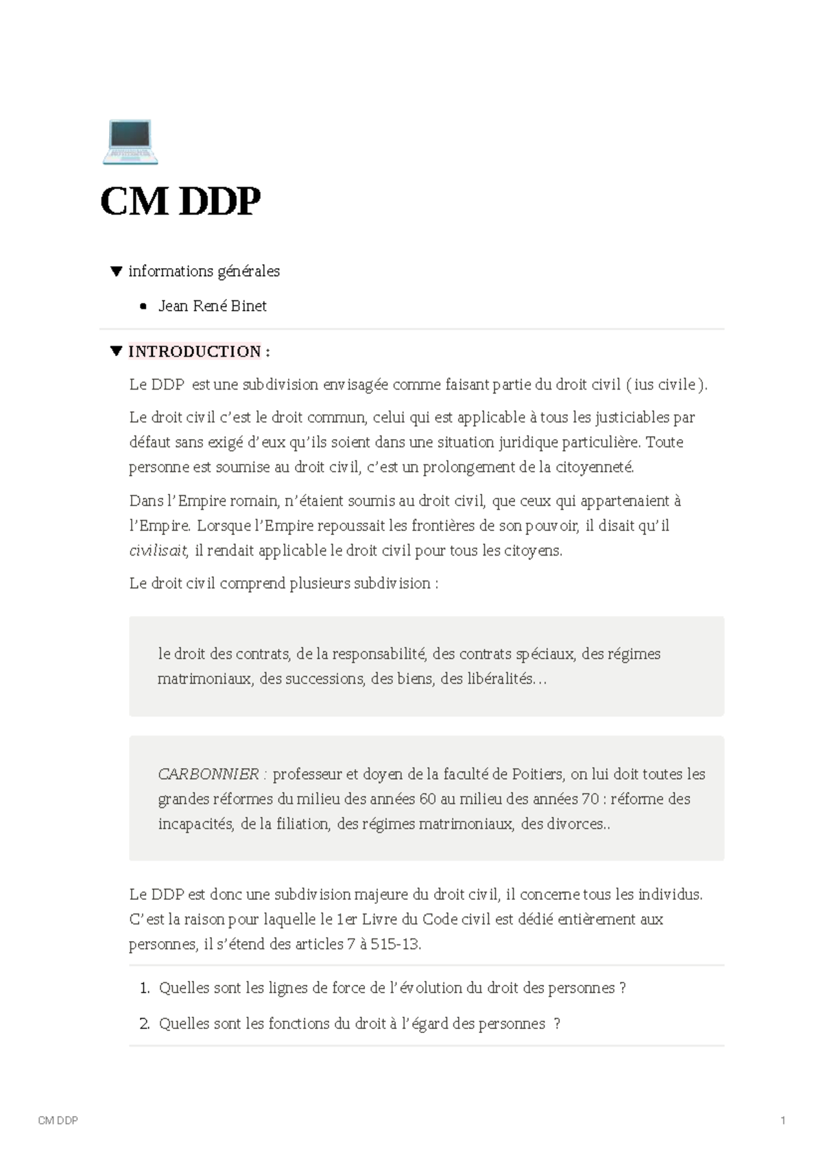 CM DDP - Introduction au Droit des Personnes et Personnalité Juridique ...