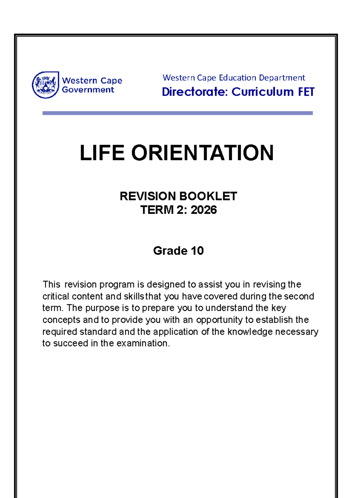LO Revision Booklet 2026: Grade 10 Life Orientation Term 2 Guide - Studocu