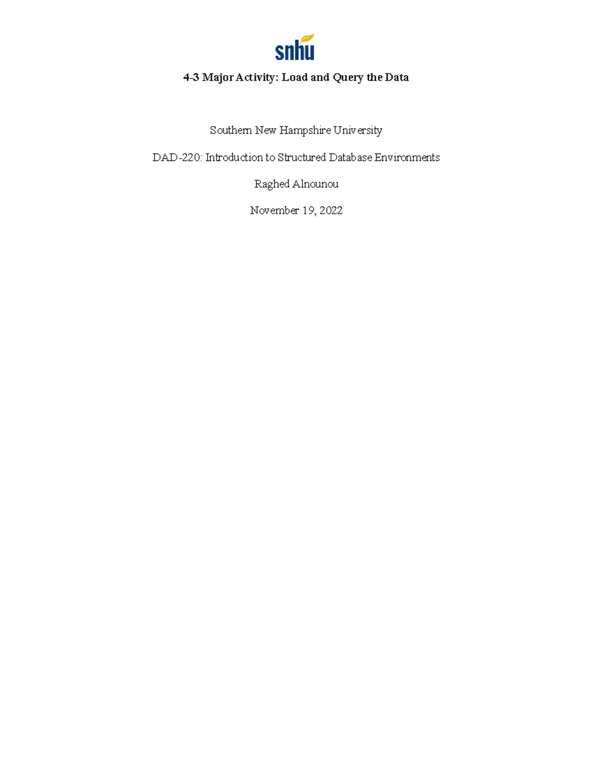 Module Four Major Activity Database Documentation - 4-3 Major Activity ...