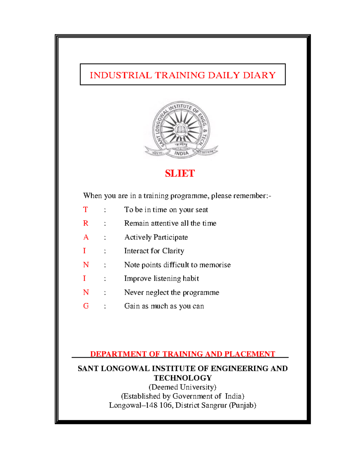 Industrial Training Diary Report - SLIET Engineering Students - Studocu