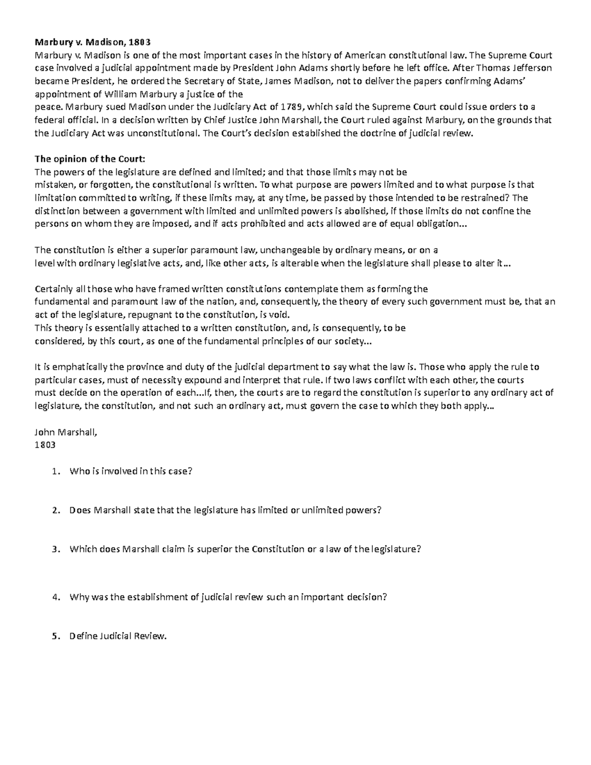 Marbury V Madison Questions - Marbury v. Madison, 1803 Marbury v ...