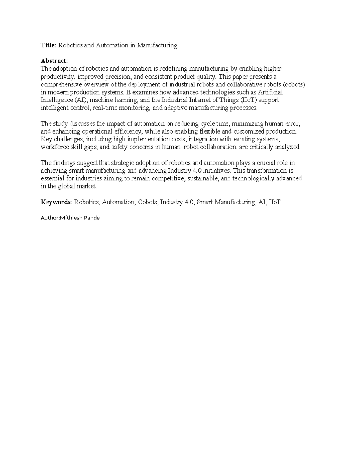 Robotics & Automation in Manufacturing: A Study on Industry 4.0 - Studocu