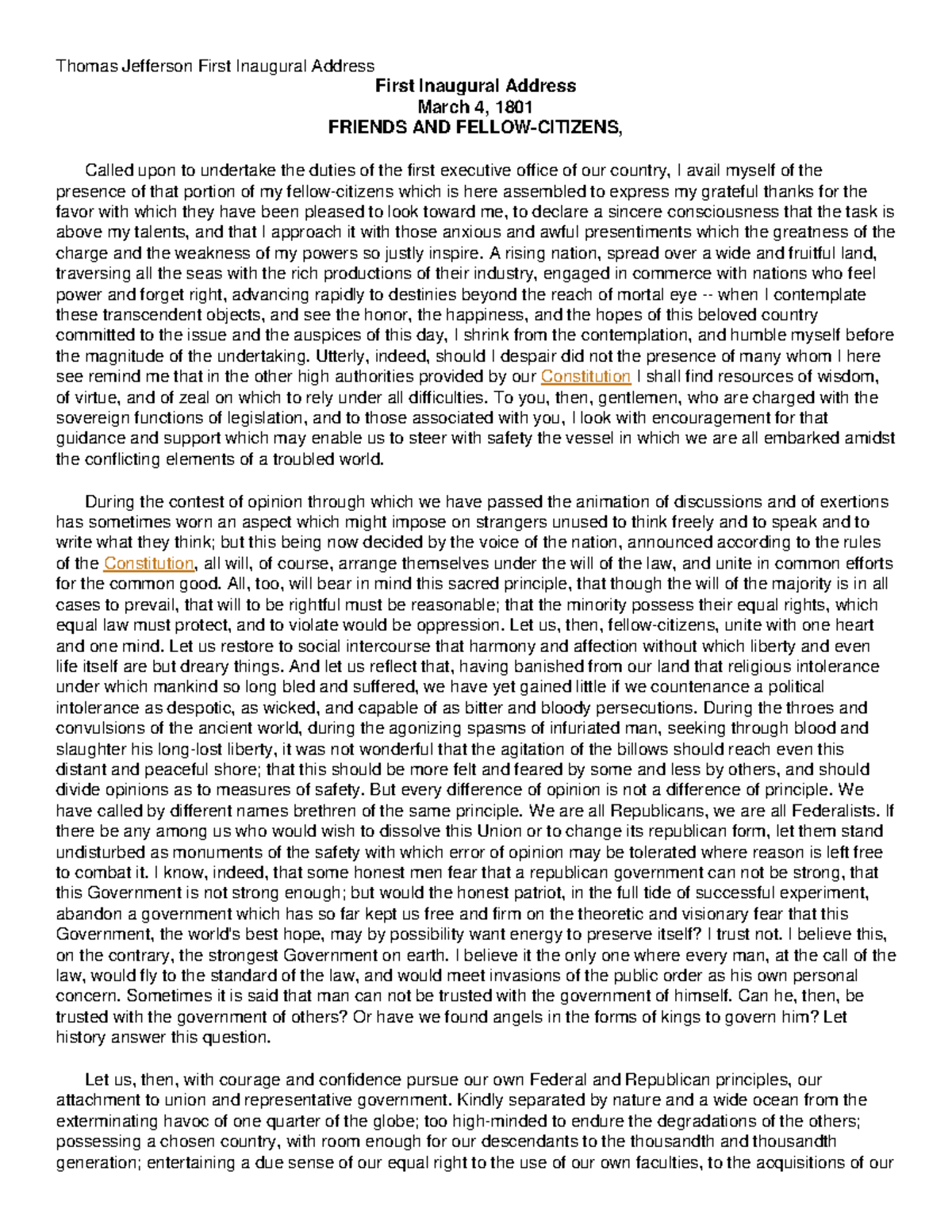Thomas Jefferson's First Inaugural Address (March 4, 1801) Analysis ...