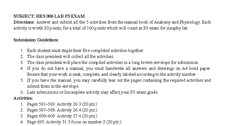 HES 006 Lab P3 Exam Review: Anatomy & Physiology Activities - Studocu