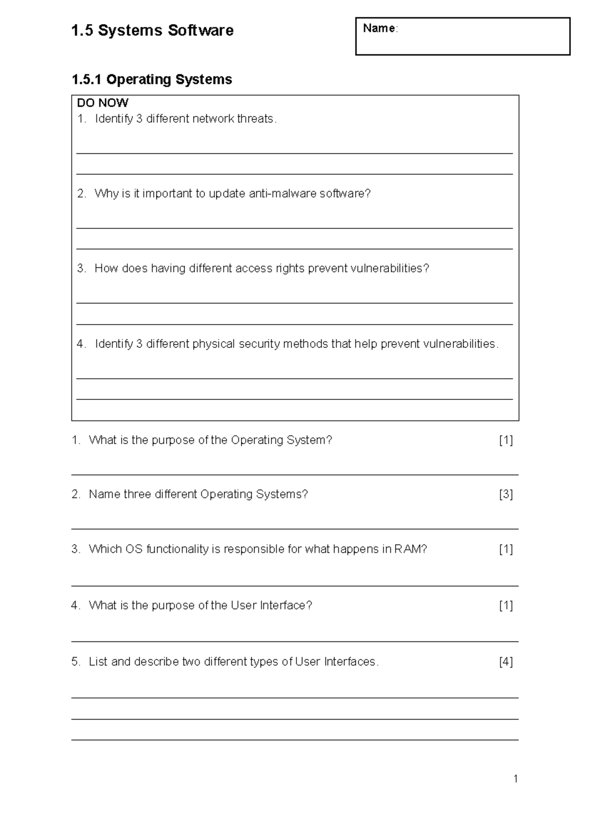 1.5.1 Operating Systems Worksheet: Network Threats & OS Functions - Studocu