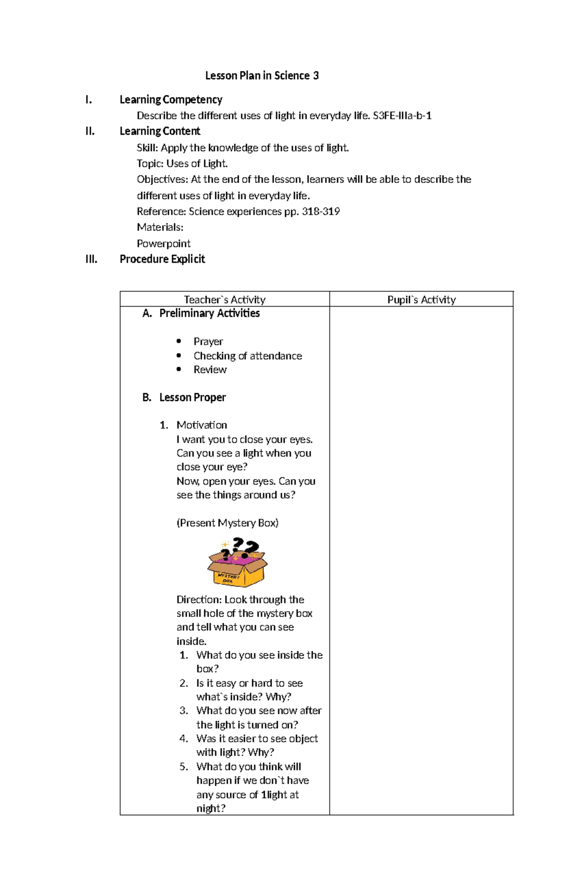Lesson Plan in Science 3: Exploring the Uses of Light - Studocu