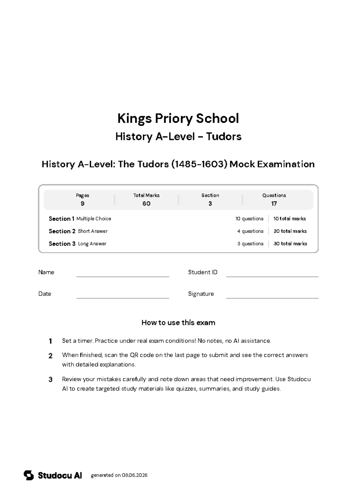 History A-Level: The Tudors Mock Exam - Studocu