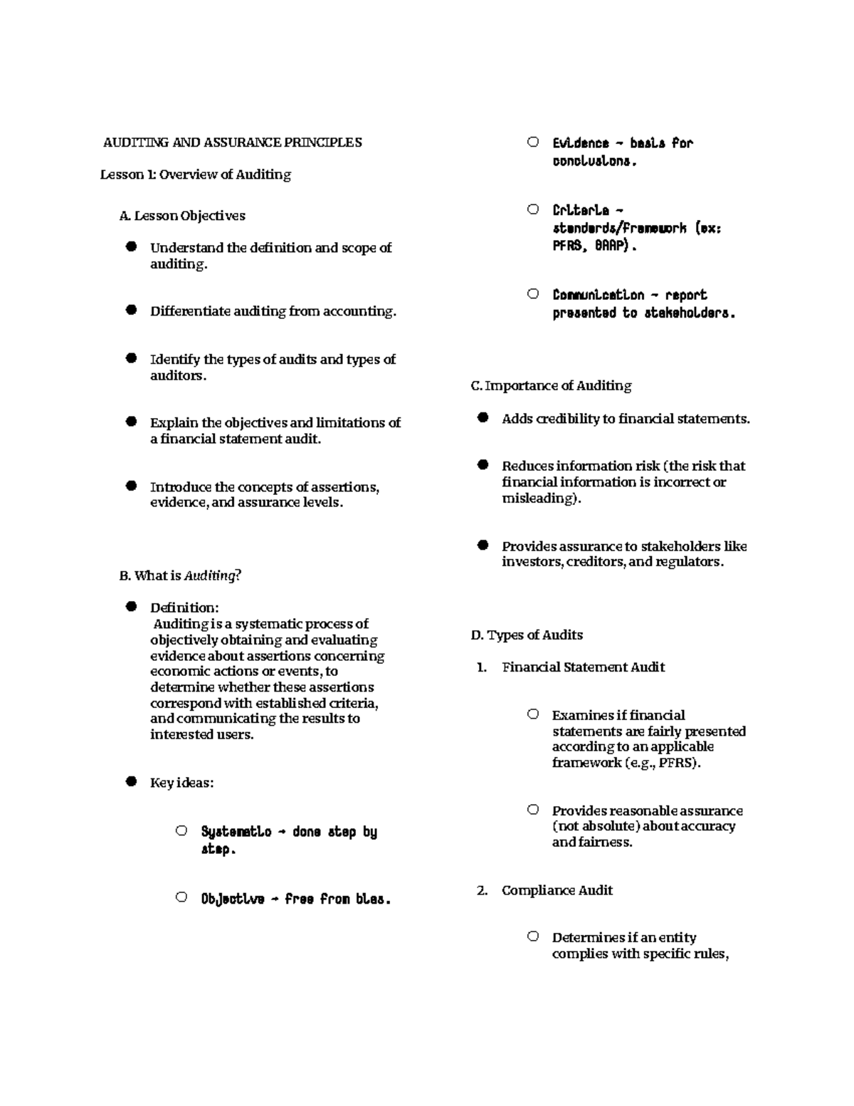 AUDITING AND ASSURANCE PRINCIPLES Lesson 1: Overview and Standards ...